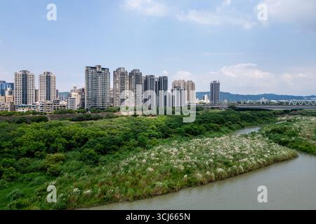 Aerial view of Zhubei city by Touqian River in Hsinchu County, Taiwan ...