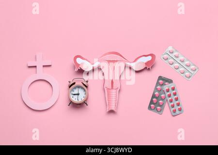 Paper uterus with alarm clock, symbol of woman, clipboard, keyboard and ...