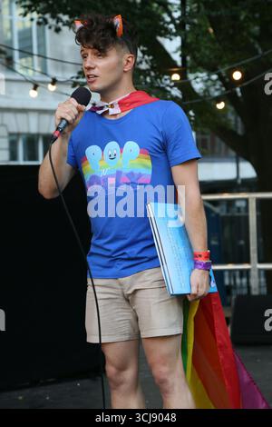 Olly Pike from Pop'n'Olly on the Golden Square stage at Pride In London ...