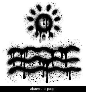 Sunset on beach graffiti with black spray paint. vector illustration ...