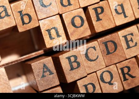 Jumbled up block wood print letters lined up Stock Photo - Alamy
