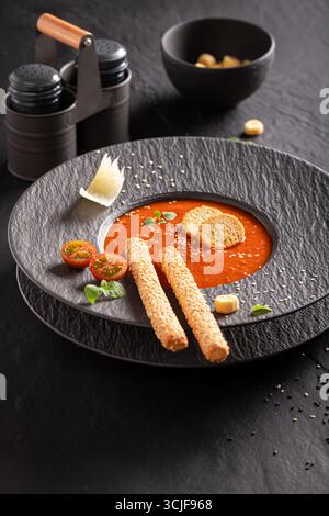Professional tomato soup decorated with crostini, herbs and spices ...