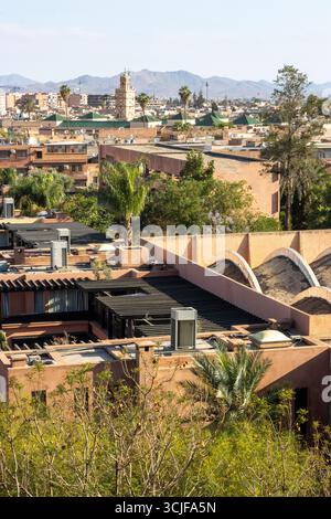 Aerial view of the Moroccan landscape and Marrakesh seen from an ...