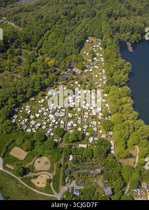 Aerial view, leisure activities at Unterbacher See, island in the lake ...