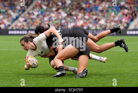 Ireland's Eve Higgins is tackled during the Women's Rugby World Cup ...