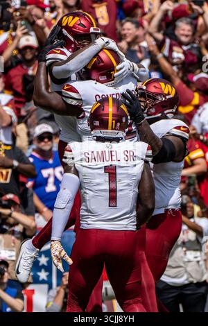 Washington Commanders running back Jacoby Croskey-Merritt (22) looks on ...