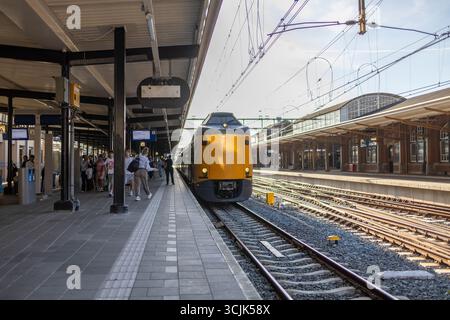 Dutch national railway train with typical yellow on Prorail tracks seen ...