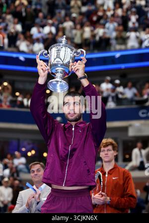 Carlos Alcaraz of Spain holds the 2025 Year-End ATP World No.1 Trophy ...