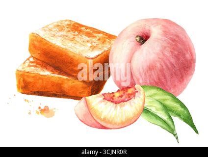 Homemade Peach pastille, marmalade, jam, jelly, Hand drawn watercolor ...