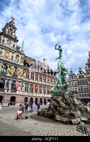 Statue of Silvius Brabo on the main square of Antwerp, Friday 21 July ...