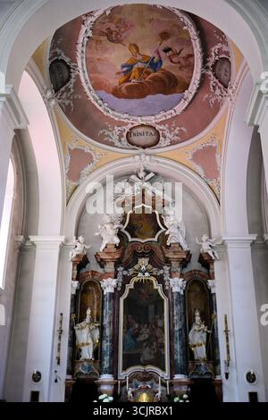 Church, baroque basilica St. Mang, interior view with ceiling fresco ...