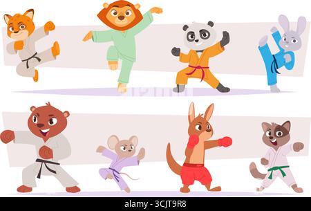 Cute cartoon kids in martial arts uniform (gi) sitting on the floor ...