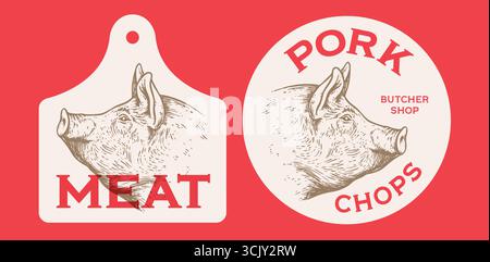 Pork, pig head, meat tag label. Template Meat Tag Label. Vintage print ...