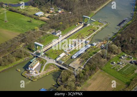 Aerial view, Huenxe lock on the Wesel-Datteln Canal with cargo ship, Huenxe, North Rhine ...