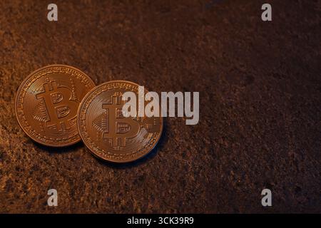 Golden Bitcoins Cryptocurrency top view stack of Digital coins on gray ...