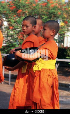 A Thai Buddhist novice monk, on his customary morning alms round in ...
