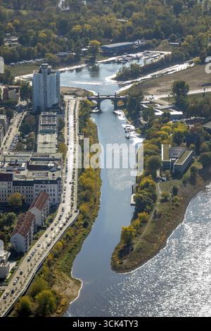 An aerial view of the Magdeburg Water Bridge spanning the River Elbe ...