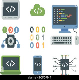Technology and computer symbols, vector icons, flat design web button ...