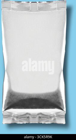 A sealed, empty white pouch designed for packaging, likely for food or ...