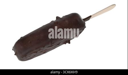 A chocolate-coated ice cream bar on a stick, perfect for a refreshing ...