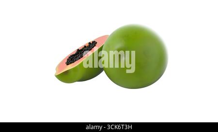 Vibrant whole green papaya and halved fruit revealing orange flesh and ...