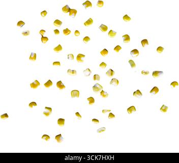 A scattered arrangement of yellow corn kernels on a white background ...