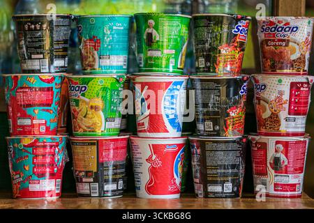 Colorful instant noodle display in a vibrant grocery store aisle Stock ...