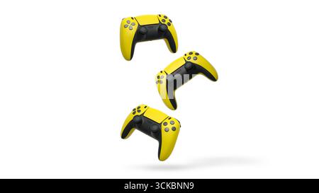 Wireless gaming controllers flying in air isolated on white background ...
