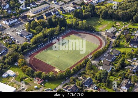 Aerial view, sports ground Eichen football stadium and athletics ...
