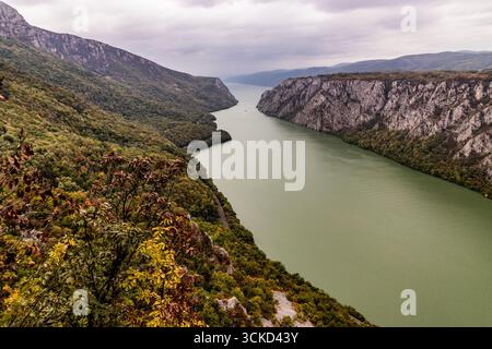 Aerial view of the Iron Gates gorge of Danube river between Serbia and ...