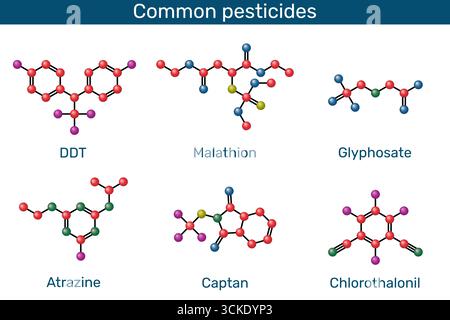 Common pesticides molecule. DDT, malathion, glyphosate, atrazine ...