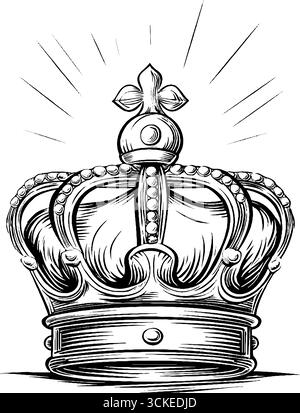 Vintage engraved crown illustration with bold black lines for royal ...