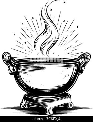 Vintage engraved illustration of wok with black bold lines for retro ...