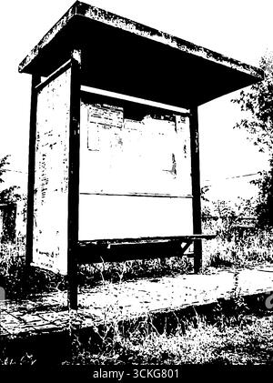 Grunge black and white urban bus stop illustration for design and ...