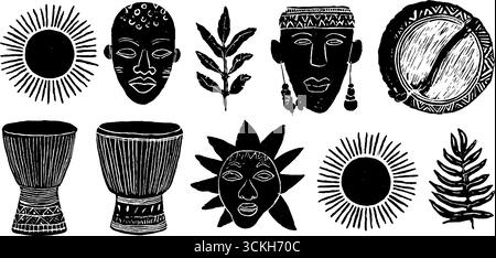 Tribal inspired linocut african masks with sun disc theme for cultural ...
