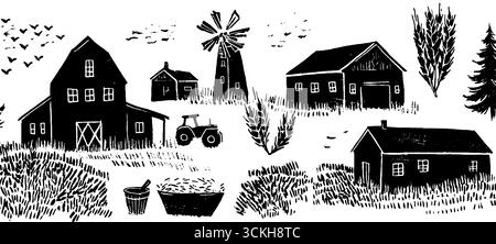 Rustic farm scene linocut pattern with barns, windmills, and fields ...