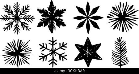 Seamless winter pattern of linocut snowflakes and stars for seasonal ...