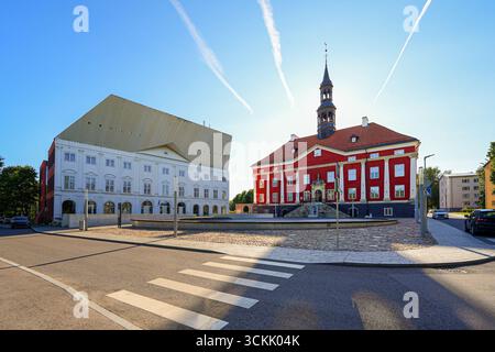 Narva Town Hall, renovated in 2023 with a new red facade, in the ...