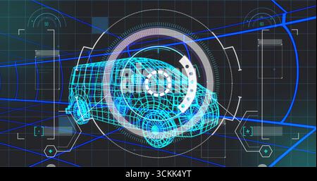 Showing cyan wireframe SUV model rotating in virtual 3D grid tunnel ...