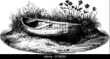 Vintage rowboat engraving in shallow waters - hand drawn maritime art ...