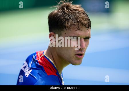 DELRAY BEACH, FL - SEPTEMBER 10: Jakub Mensik of Czechia practices ...