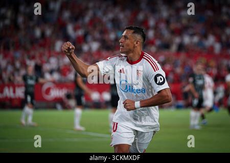 Alexis SANCHEZ of Sevilla FC celebrate his goal with Batista MENDY of ...