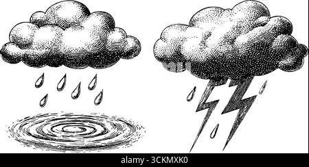 Engraved illustration set of lightning and rain scenes with trees for ...