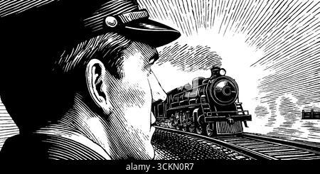 Engraved illustration of locomotive train and conductor for historical ...