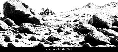 Engraved illustration of mars terrain with rover and rocky landscape ...