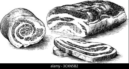 Vintage engraved illustration of pancetta slice and culinary ...