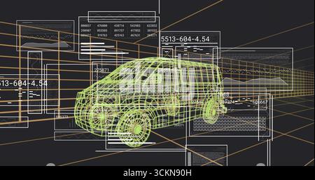 Rotating wireframe SUV model floating in virtual HUD grid, showing ...