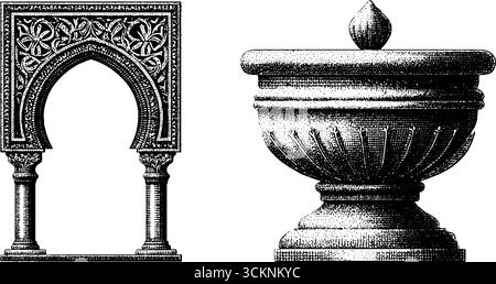 Engraved islamic courtyard fountain and arch set for architectural ...