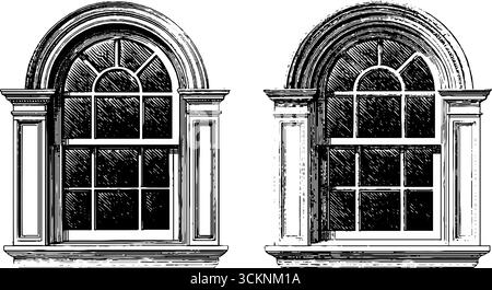 Engraved illustration set of federal style windows for architectural ...