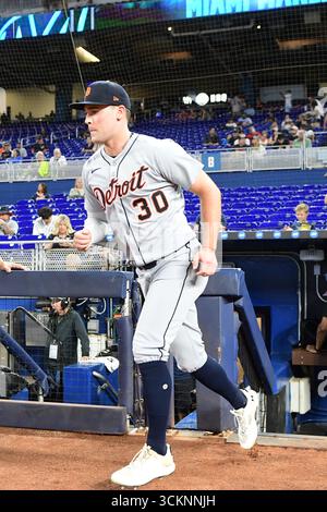 Detroit Tigers right fielder Kerry Carpenter catches a ball hit by Seattle Mariners' Mitch ...